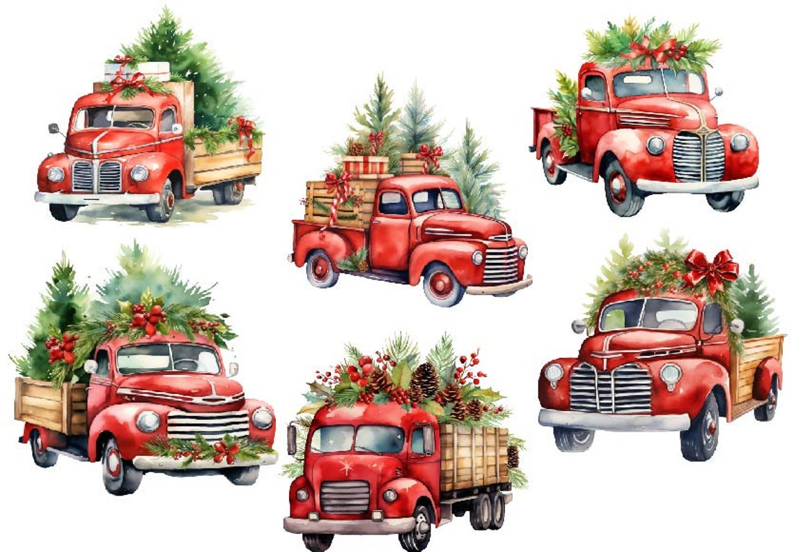 Watercolor Christmas Truck Png, Red Truck Clipart, Vintage Truck Png ...