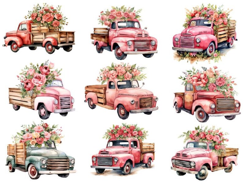 Watercolor Vintage Truck Png, Vintage Pickup Truck Png, Floral Truck ...