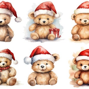 Watercolor Christmas Bear Clipart, Cute Teddy Bear Clipart, Christmas ...