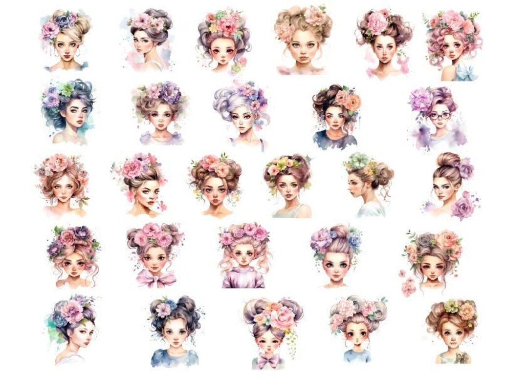 Flower Girl Watercolor Clipart, Watercolor Girl With Messy Bun, Floral ...