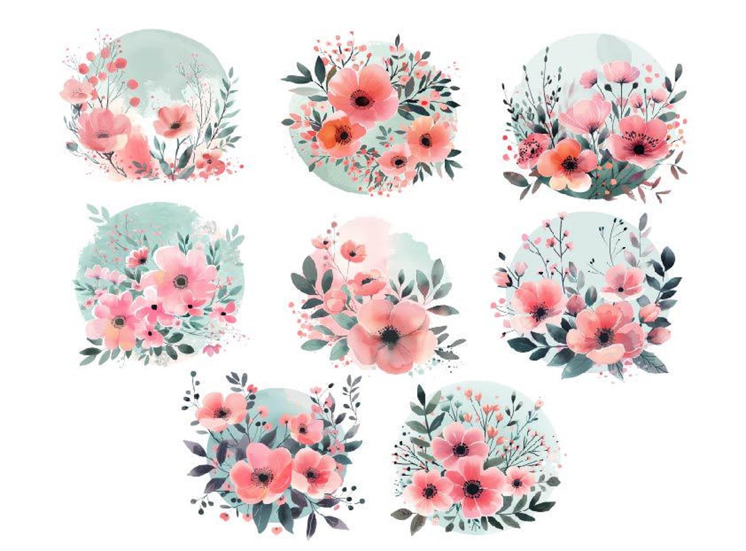 Watercolor Flowers Clipart, Watercolor Pink Flowers, Pink and Blue ...