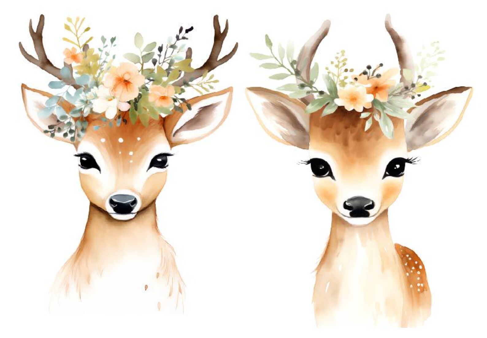 Watercolor Floral Baby Deer Clipart, Cute Baby Reindeer Clipart ...
