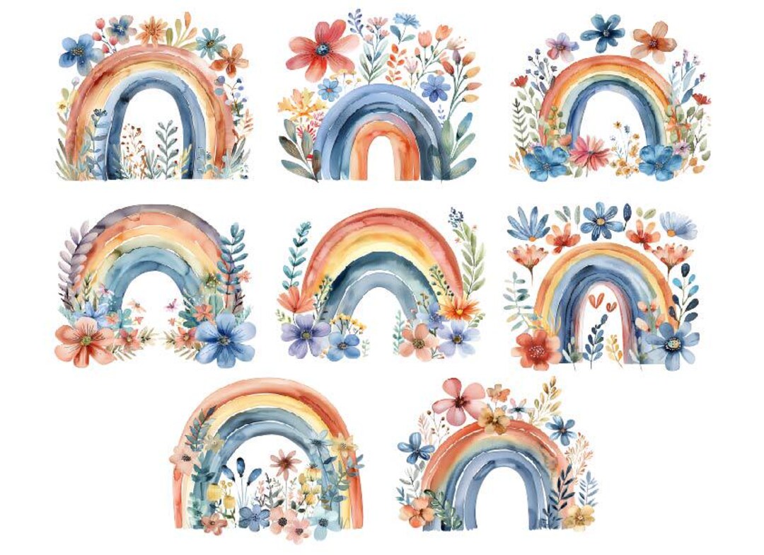 Watercolor Rainbow Clipart, Watercolor Boho Floral Rainbow, Boho ...