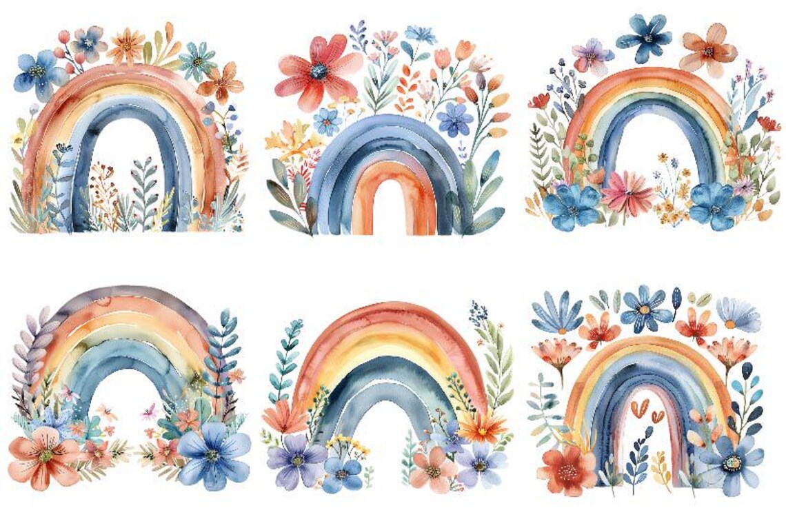 Watercolor Rainbow Clipart, Watercolor Boho Floral Rainbow, Boho ...