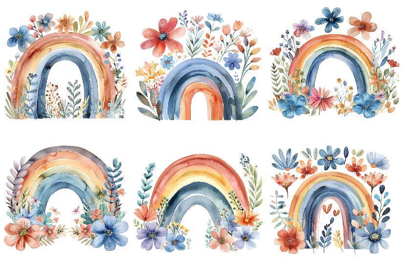 Watercolor Rainbow Clipart, Watercolor Boho Floral Rainbow, Boho ...