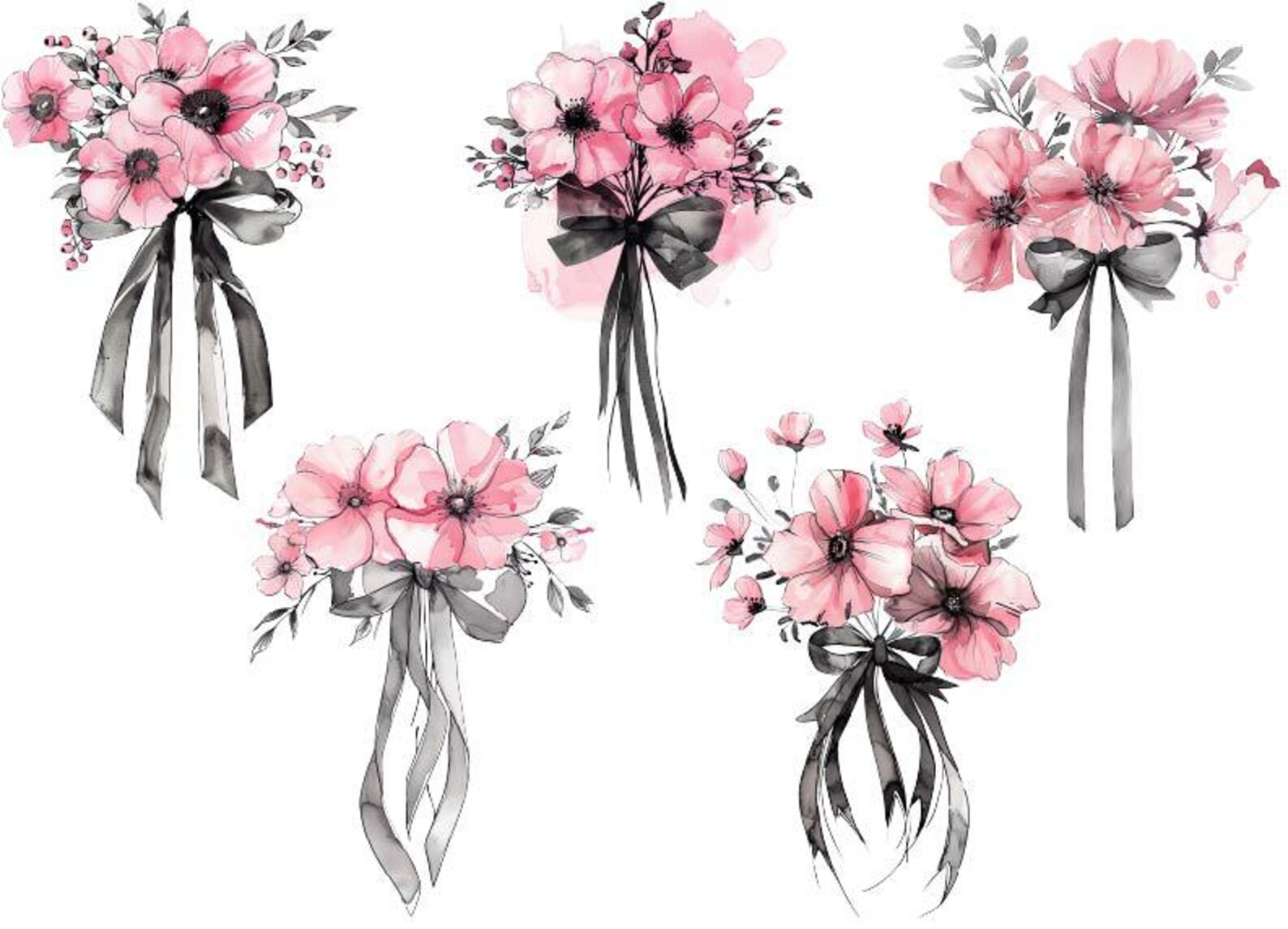 Watercolor Pink Bouquet, Watercolor Flowers, Flowers With Bow Clipart ...