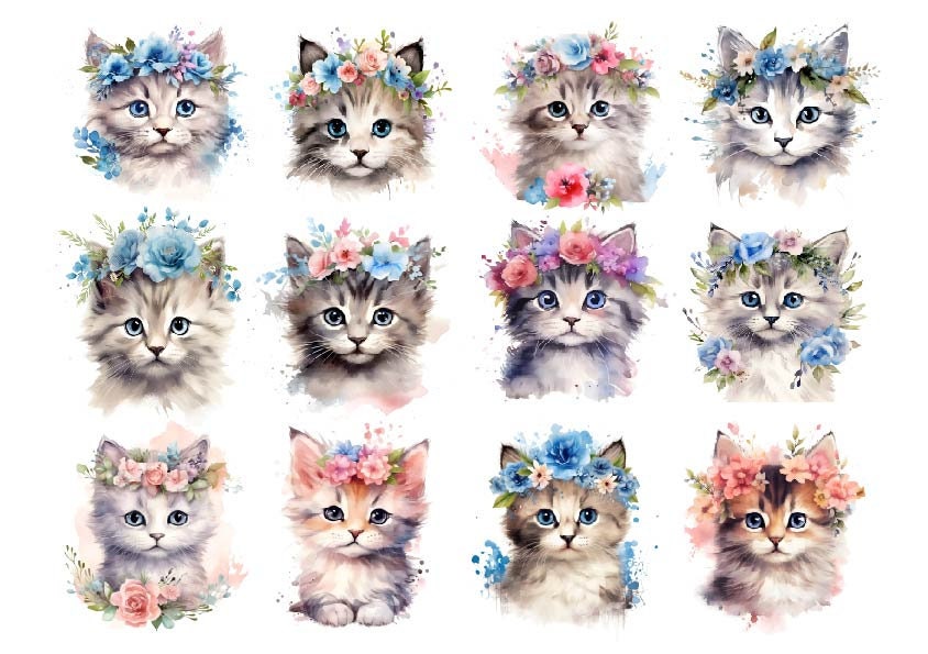 Aquarel Kitten Clipart, Floral Cat Clipart, Aquarel Fantasy Kitten Png ...