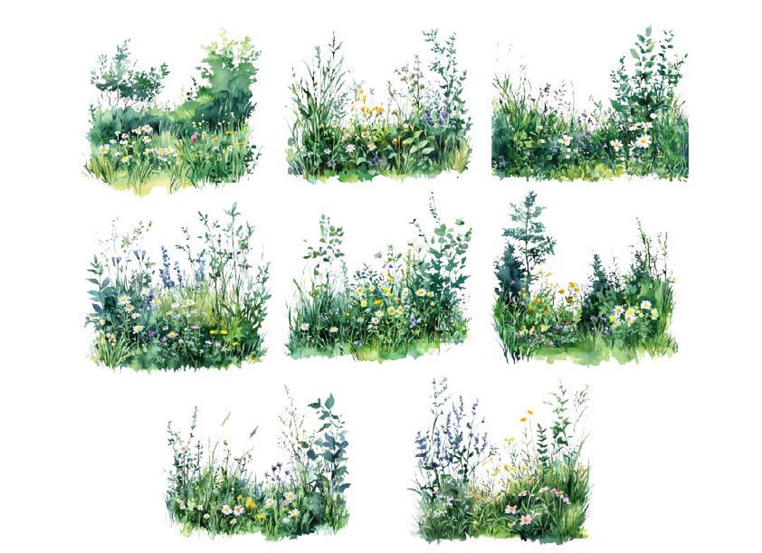 Watercolor Meadow Clipart, Watercolor Summer Greenery, Summer Landscape ...