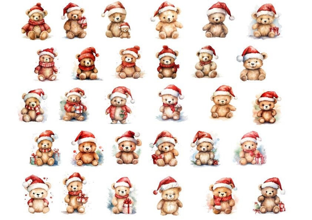 Watercolor Christmas Bear Clipart, Cute Teddy Bear Clipart, Christmas ...