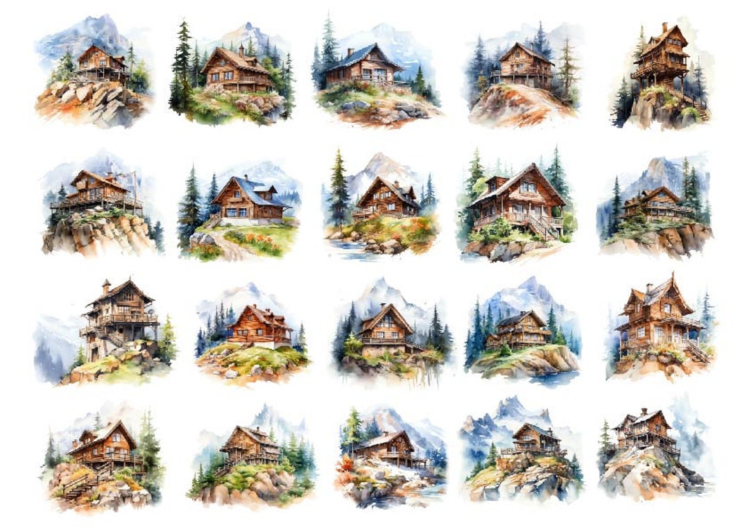 Watercolor Cabin in the Woods Png, Log Cabin Bundle Clipart, Cabin Watercolor Clipart, Forest ...