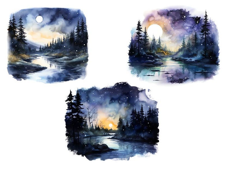 Watercolor Moonlight Clipart, Watercolor Night Landscape, Night ...