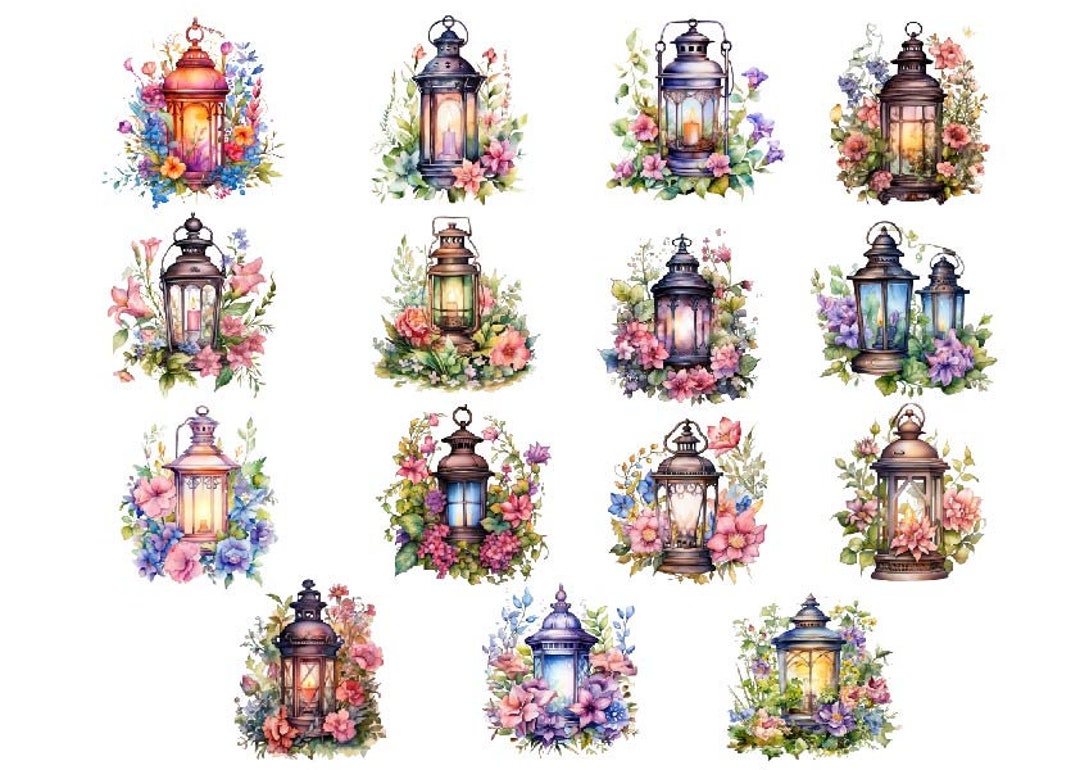 Watercolor Antique Lantern With Flowers, Watercolor Floral Lantern Png ...