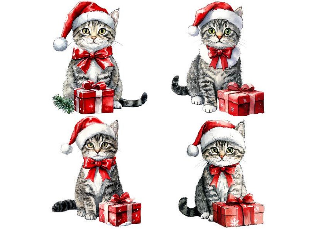 Christmas Cat Clipart, Watercolor Christmas Cat Png, Cat With Santa Hat ...