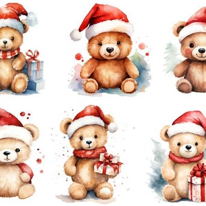 Watercolor Christmas Bear Clipart, Cute Teddy Bear Clipart, Christmas ...