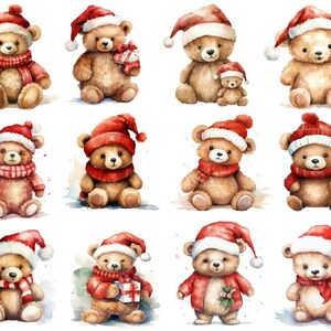 Watercolor Christmas Bear Clipart, Cute Teddy Bear Clipart, Christmas ...
