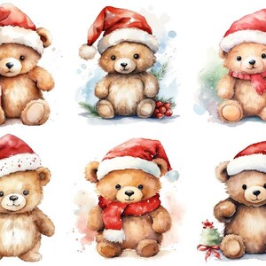 Watercolor Christmas Bear Clipart, Cute Teddy Bear Clipart, Christmas ...
