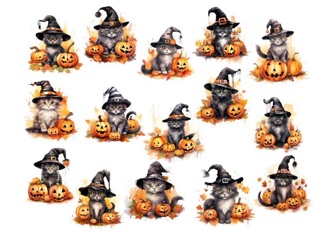 Halloween Cat Clipart, Watercolor Halloween Cat, Watercolor Kitten ...