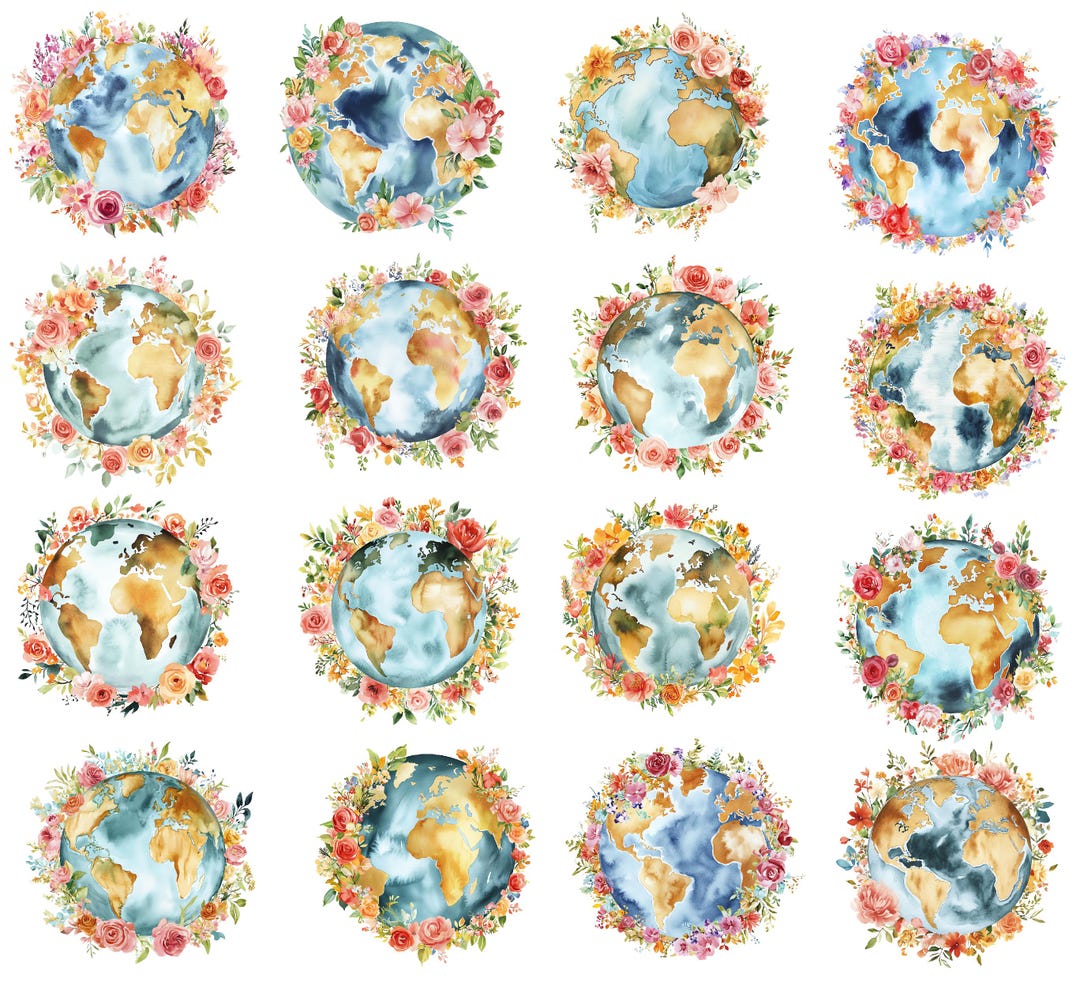 Watercolor Floral Earth Clipart, Earth Planet Clipart, Earth Globe Png ...
