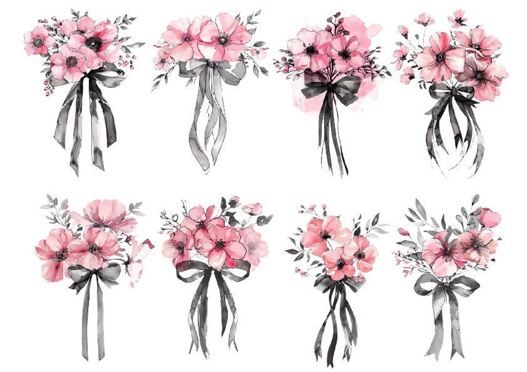 Watercolor Pink Bouquet, Watercolor Flowers, Flowers With Bow Clipart ...