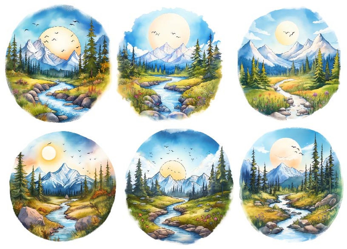 Watercolor Alaska Clipart, Watercolor River Landscape Clipart, Forest ...