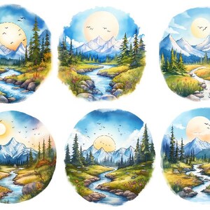 Watercolor Alaska Clipart, Watercolor River Landscape Clipart, Forest ...