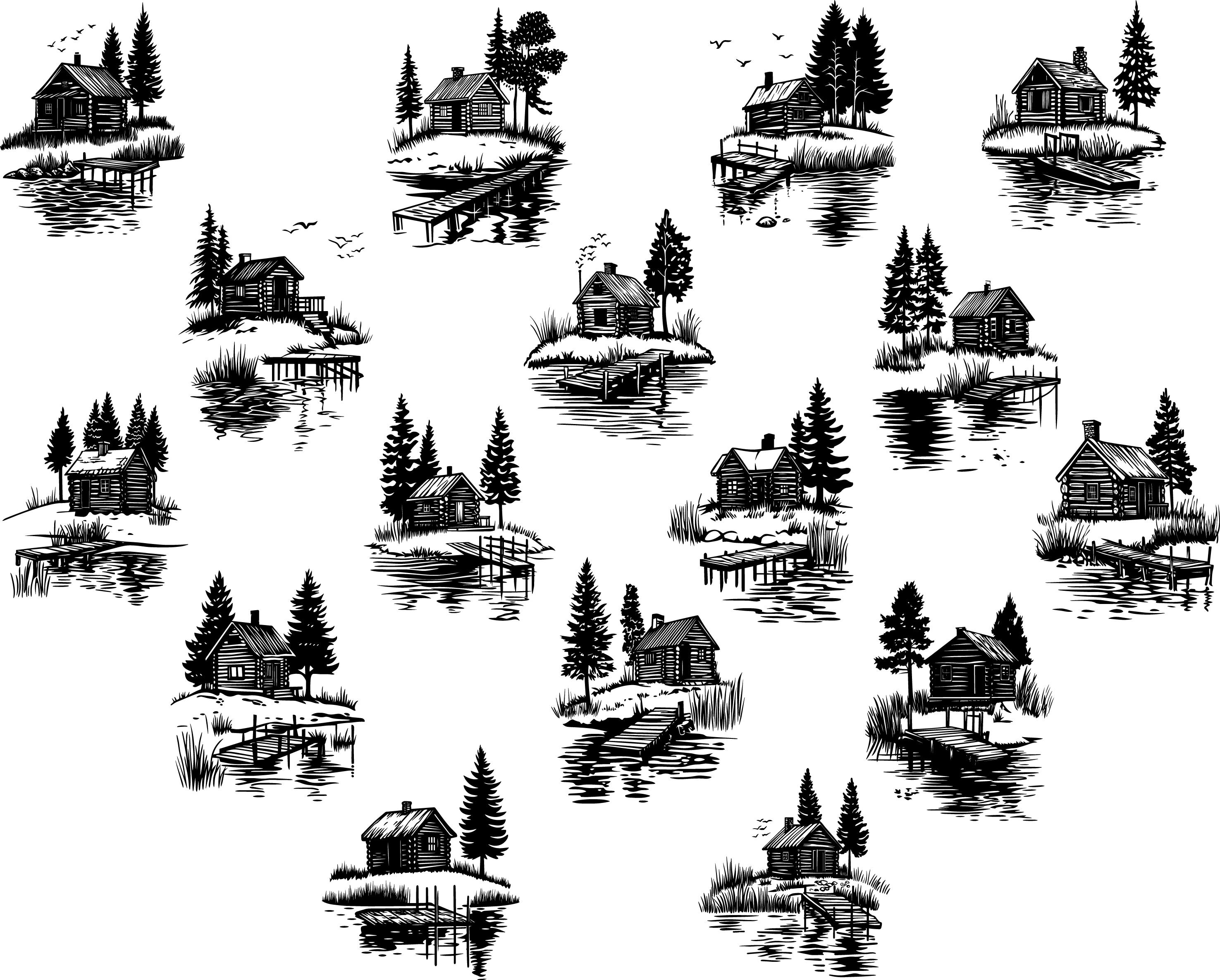 Log Cabin Svg, Wooden Jetty Svg, Cabin Clipart, Cabin Vector, Pond Svg ...