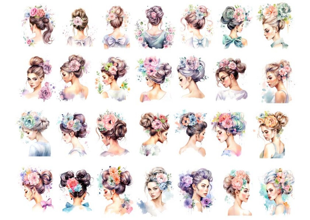 Flower Girl Watercolor Clipart, Watercolor Girl With Messy Bun, Floral ...