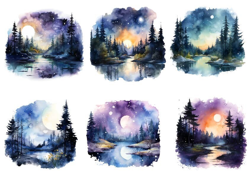Watercolor Moonlight Clipart, Watercolor Night Landscape, Night ...