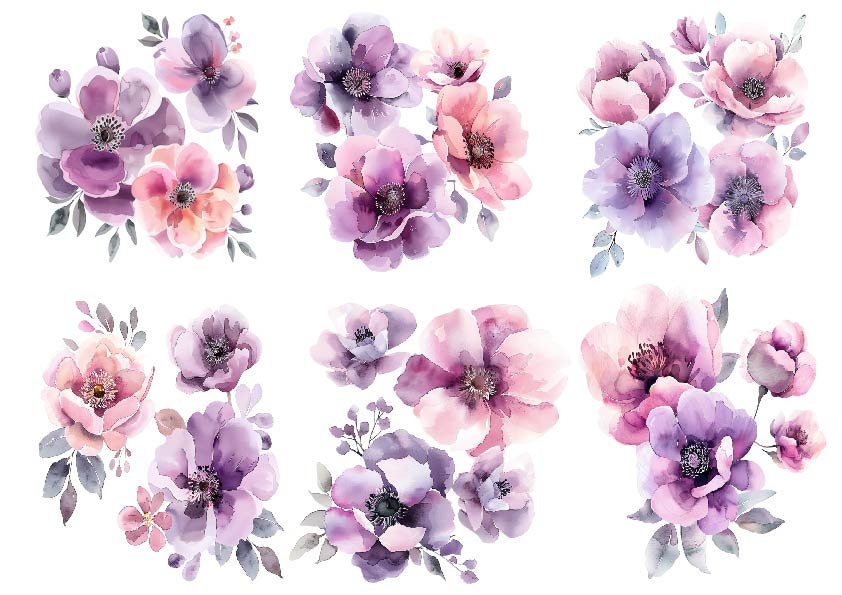 Watercolor Pink and Purple Flowers Clipart, Floral Clipart, Watercolor ...