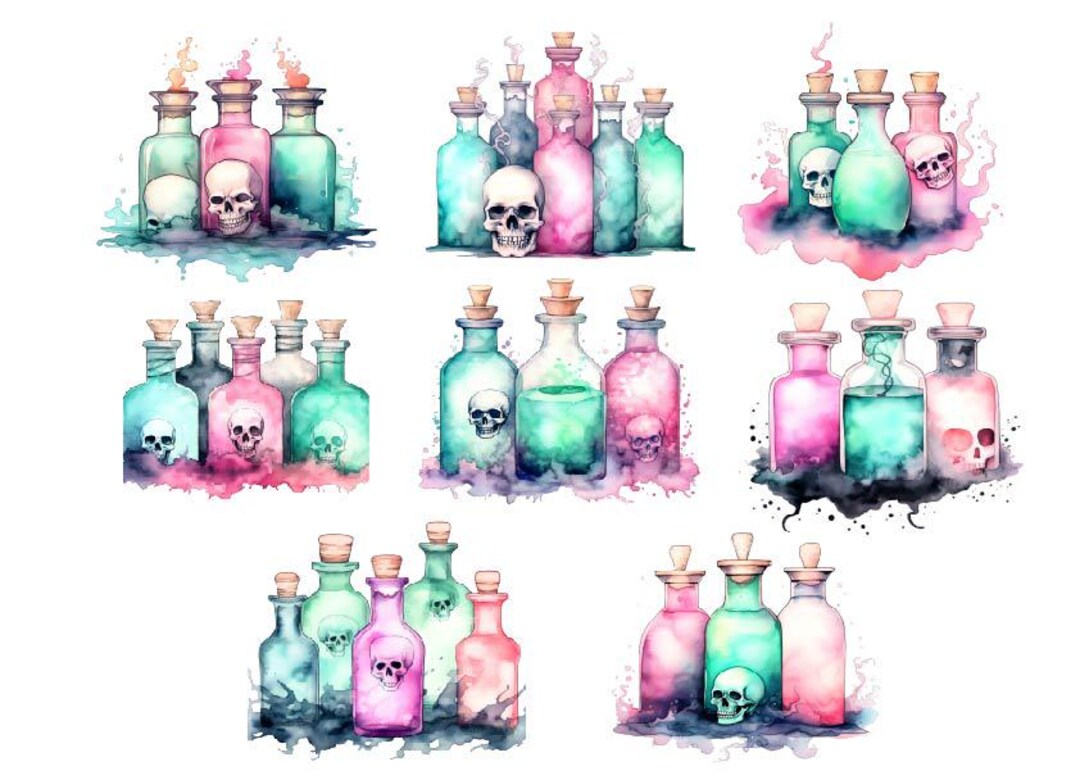 Watercolor Potions Clipart, Colorful Magic Potion Png, Watercolor Skull ...