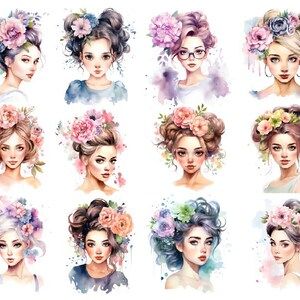 Flower Girl Watercolor Clipart, Watercolor Girl With Messy Bun, Floral ...