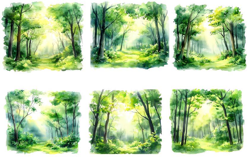 Watercolor Forest Clipart, Bright Forest Clipart, Forest Scenery Png ...