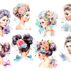 Flower Girl Watercolor Clipart, Watercolor Girl With Messy Bun, Floral ...