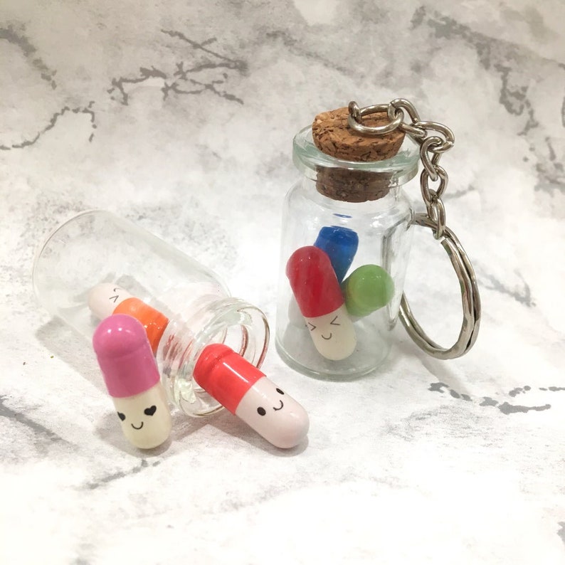 Happy Pill Jar Keyring With Smiley Pills Cute and Funny Gift | Etsy
