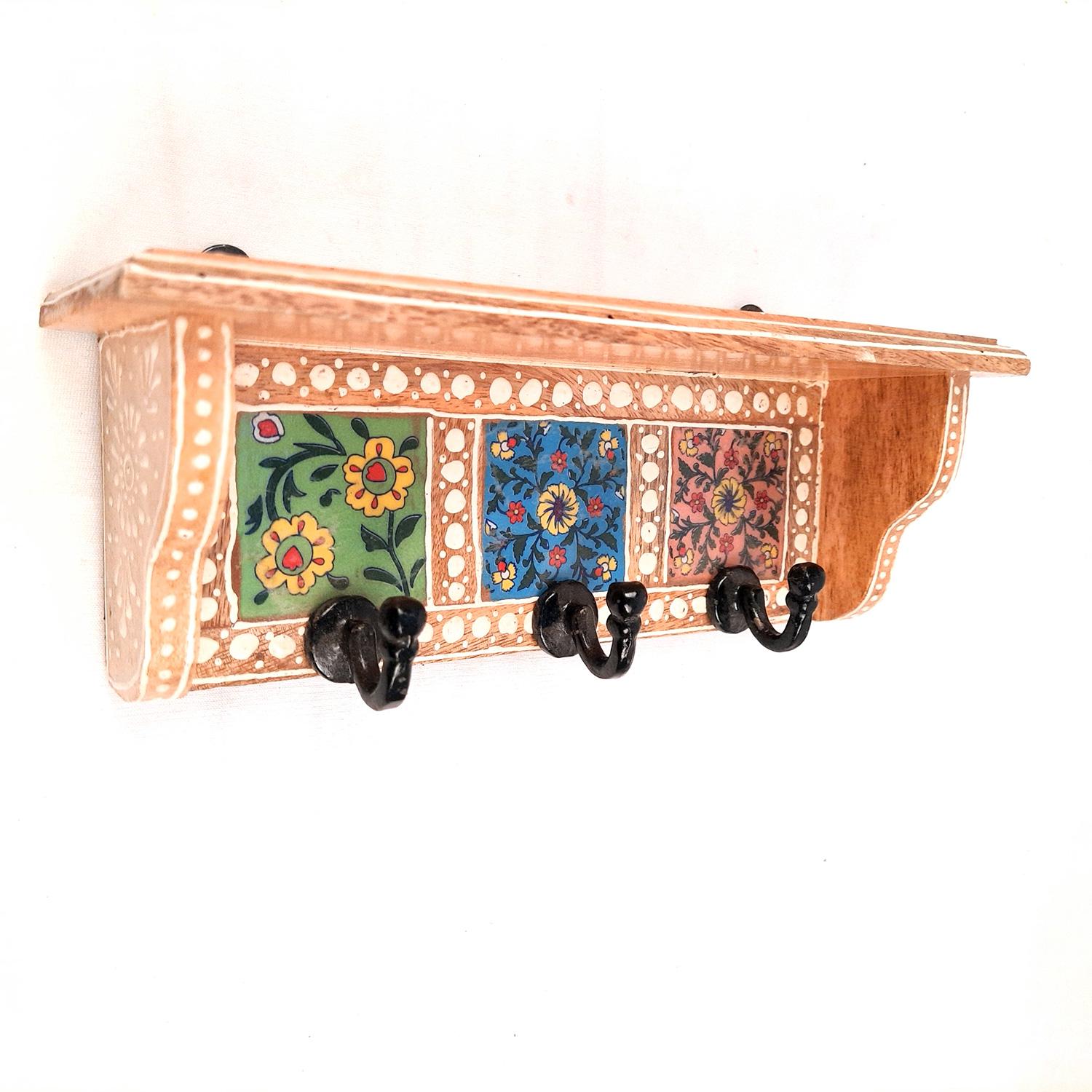 Wooden Shelf With Key Hooks Wall Hanging | Floating Shelf With Key ...