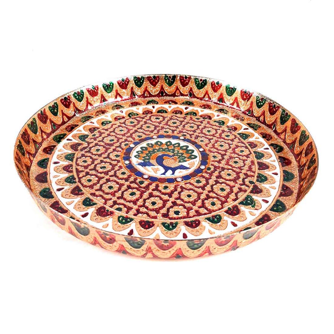Meenakari Pooja Plate | Aarti Thali Steel - for Pooja, Diwali, Weddings ...