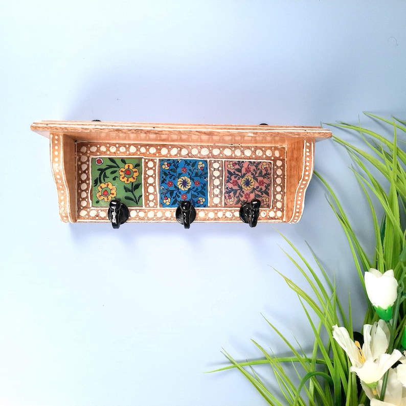 Wooden Shelf With Key Hooks Wall Hanging | Floating Shelf With Key ...