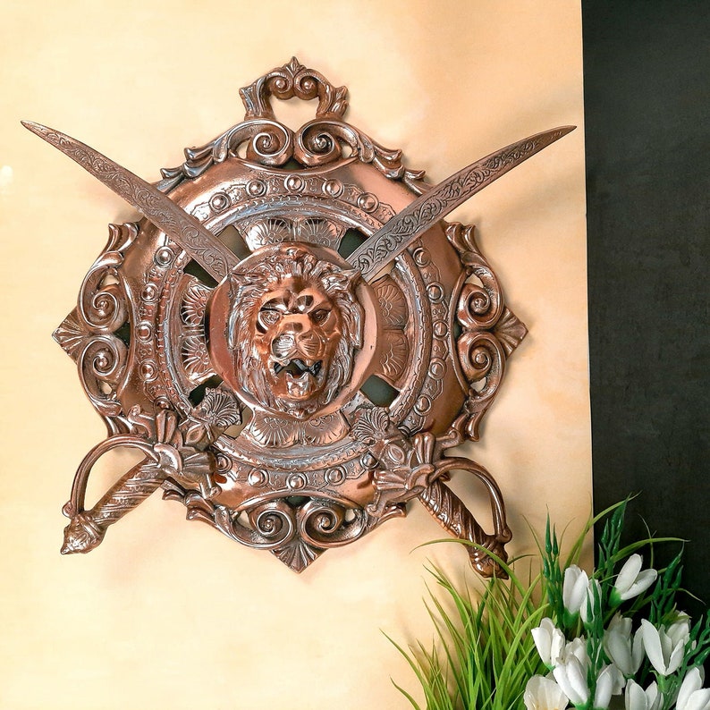 Vintage Sword & Shield Wall Hanging Set Dhal Talwar Wall Mount Lion ...
