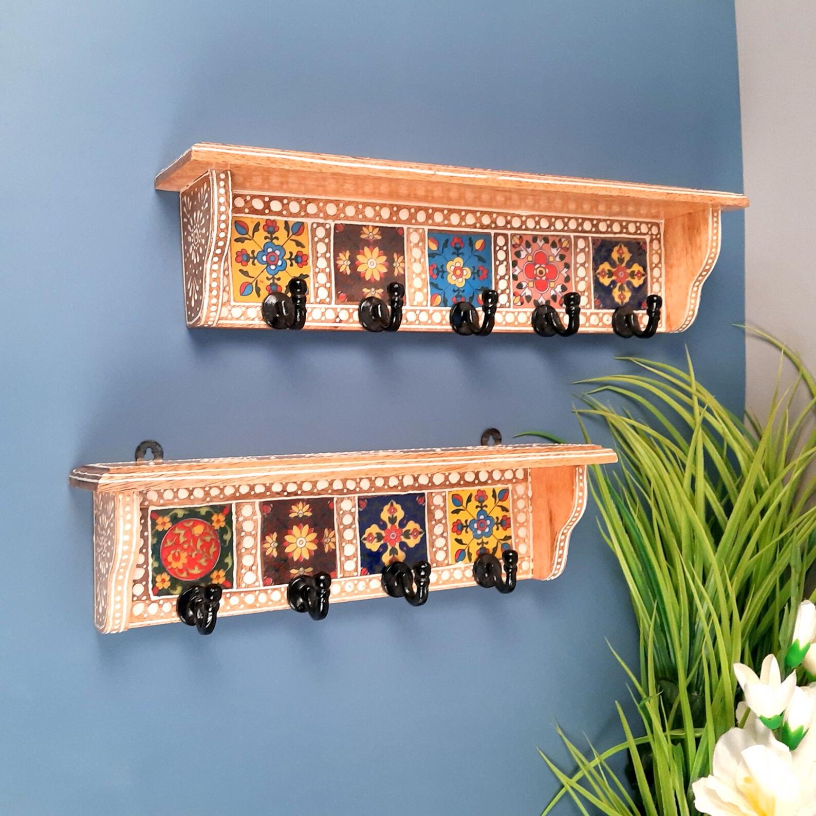 Wooden Shelf With Key Hooks Wall Hanging | Floating Shelf With Key ...