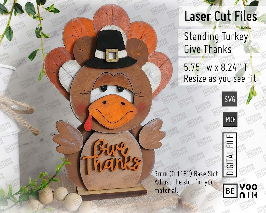Standing Turkey Give Thanks Shelf Table Sitter Laser Cut Files in SVG ...