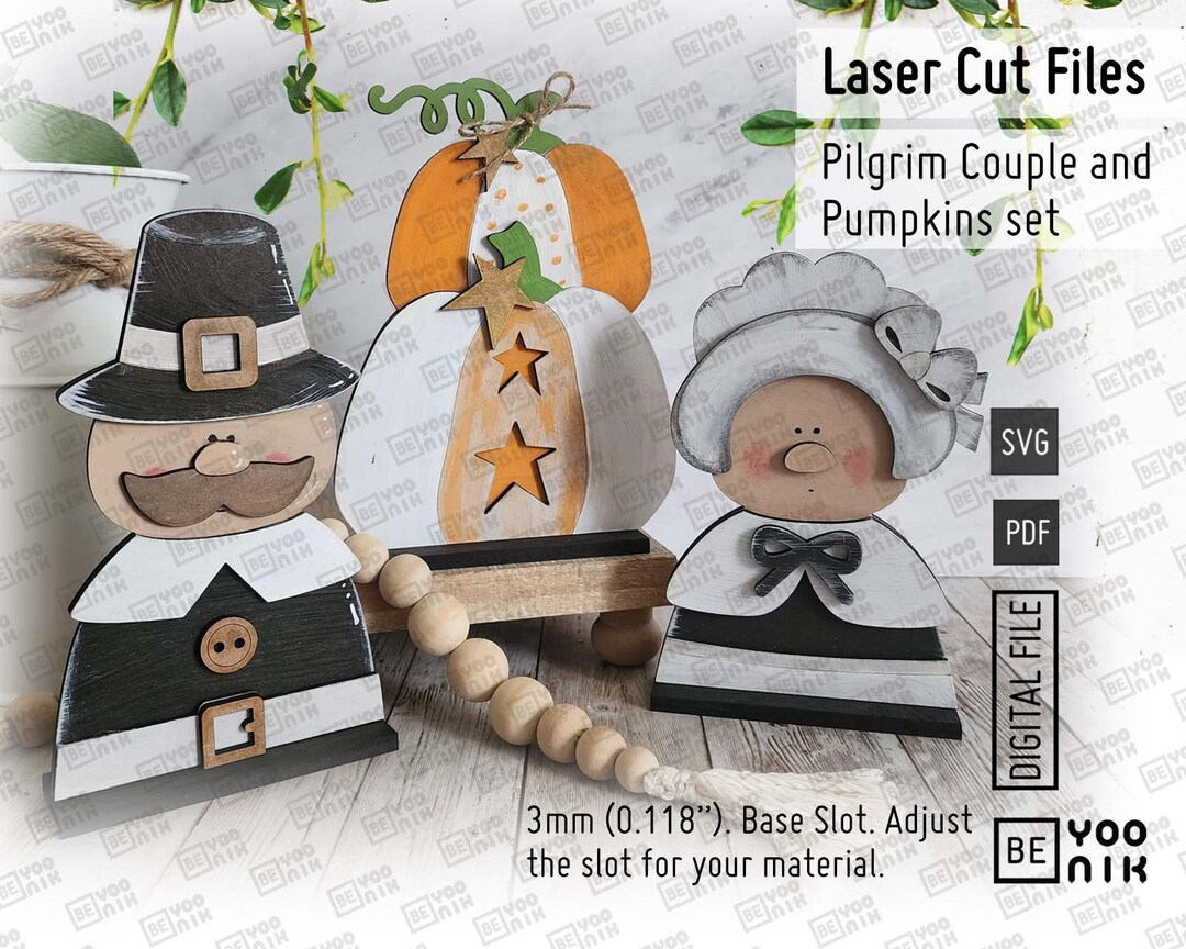 Standing Pilgrim Couple and Stacked Pumpkins Shelf Table Sitter Laser ...