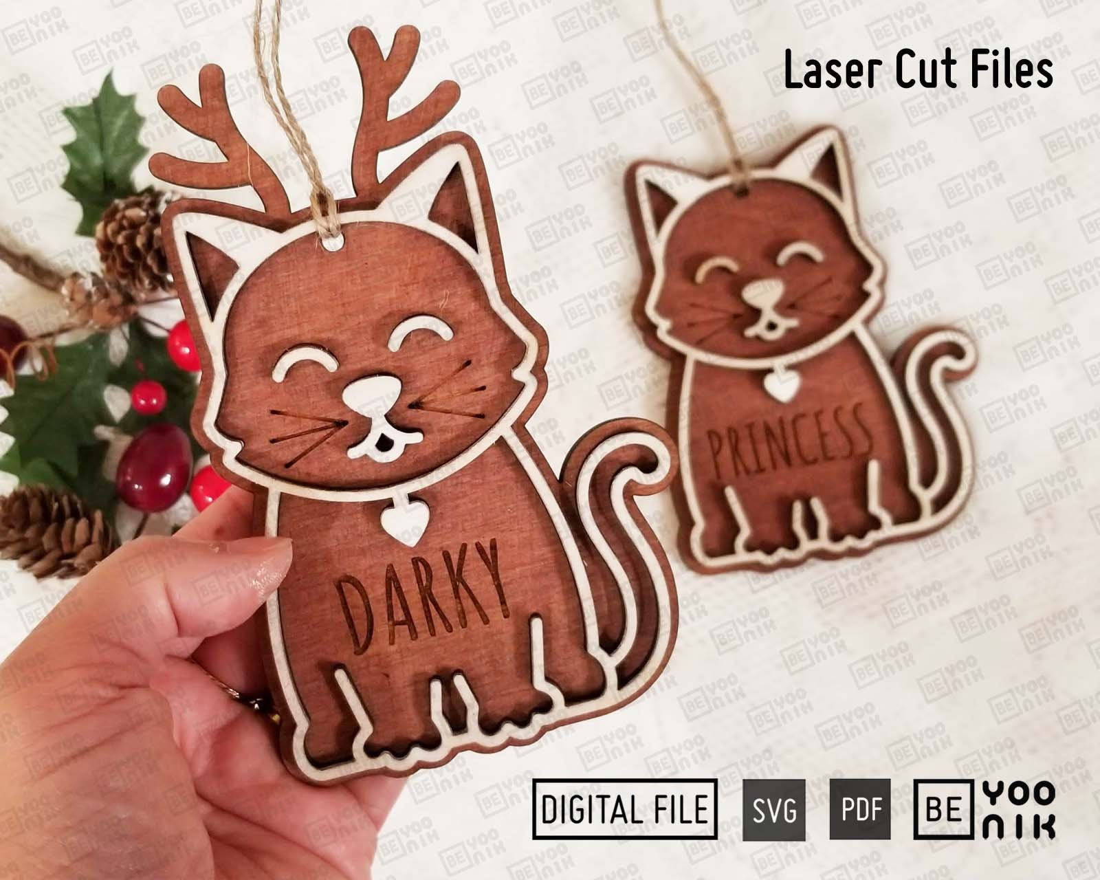 Cat Gingerbread Ornament in SVG PDF. Cat With Deer Antlers - Etsy