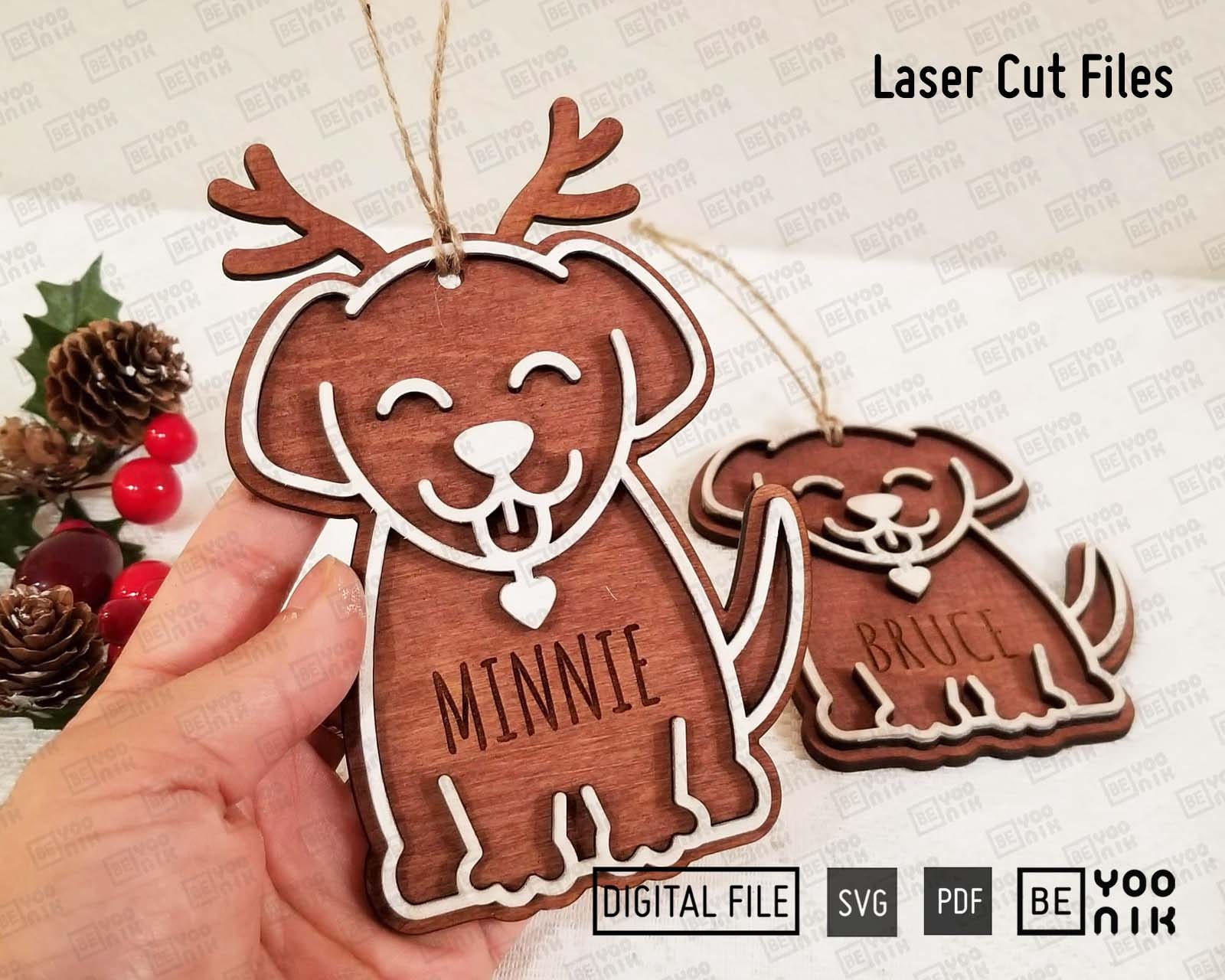 Dog Gingerbread Ornament in SVG, PDF. Dog With Deer Antlers Gingerbread ...