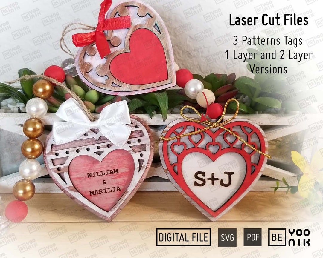 Pattern Heart Tags Laser Cut Files in SVG and PDF. Around 3.5" Tags ...