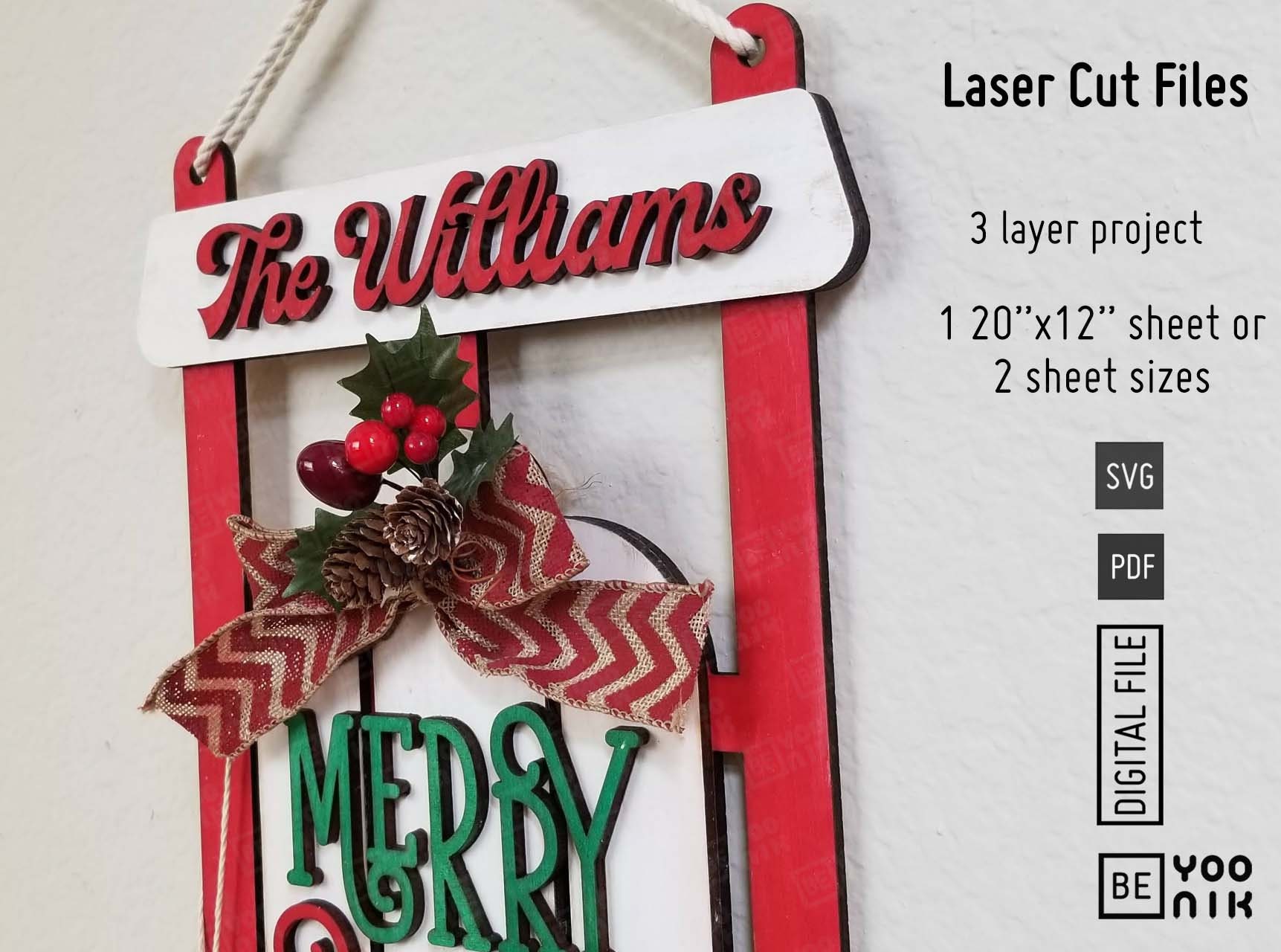 Flat Decorative Christmas Sled Sign in SVG PDF Sled Merry | Etsy