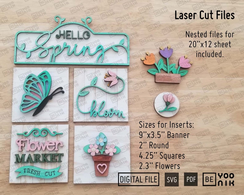 Hello Spring Interchangeable Inserts Set 1 - Laser Cut Files in SVG and PDF. Flower Inserts ...
