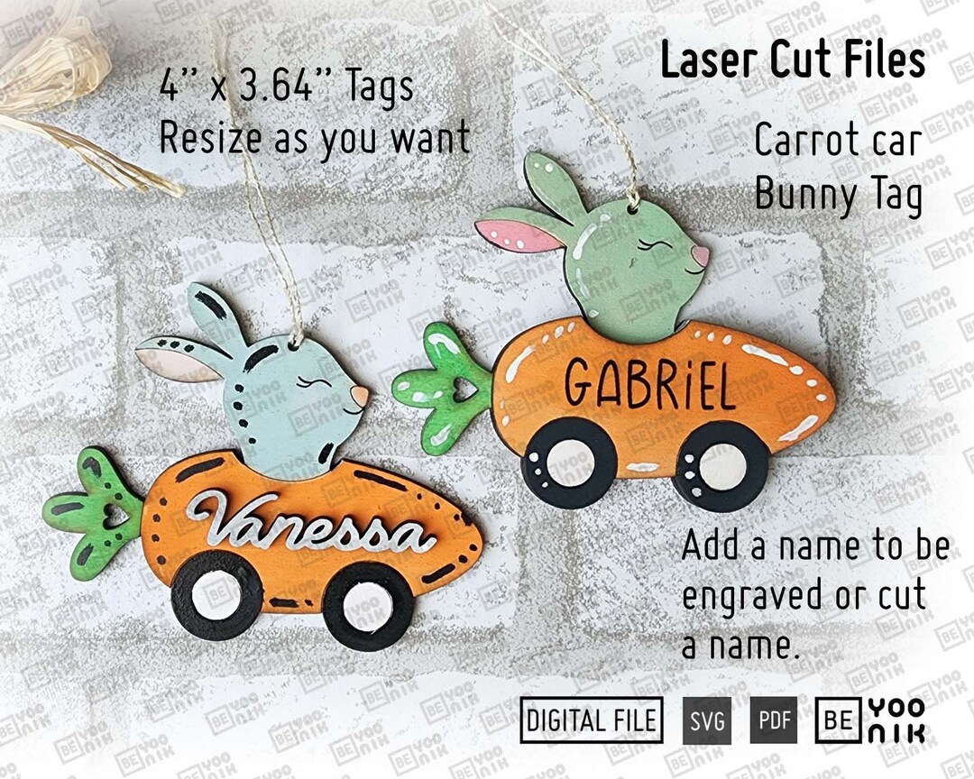Carrot Car Bunny Laser Tag Cut Files in SVG and PDF Files, Bunny Tag ...