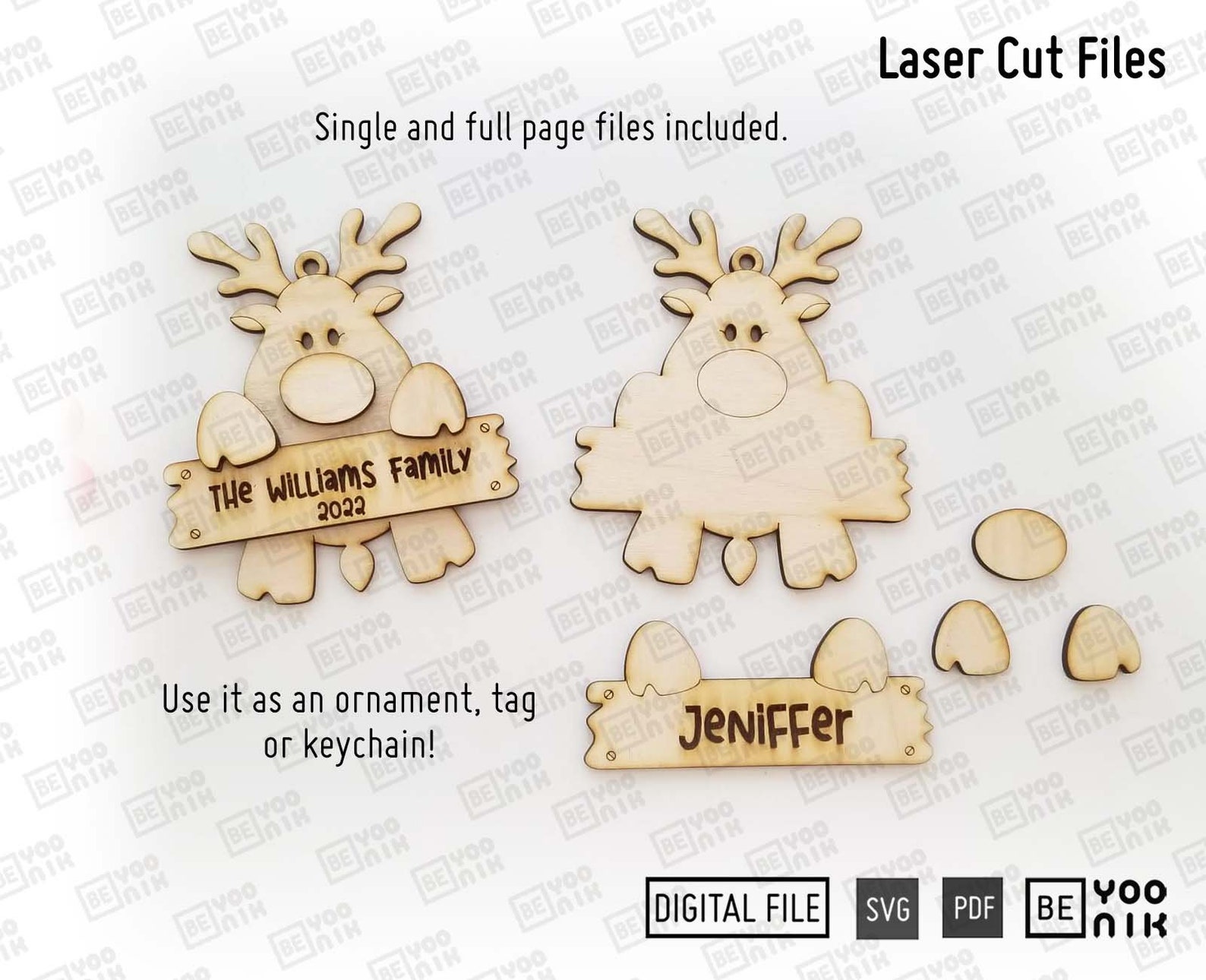 Reindeer Customizable Ornament Laser Cut Files in SVG, PDF. Glowforge ...