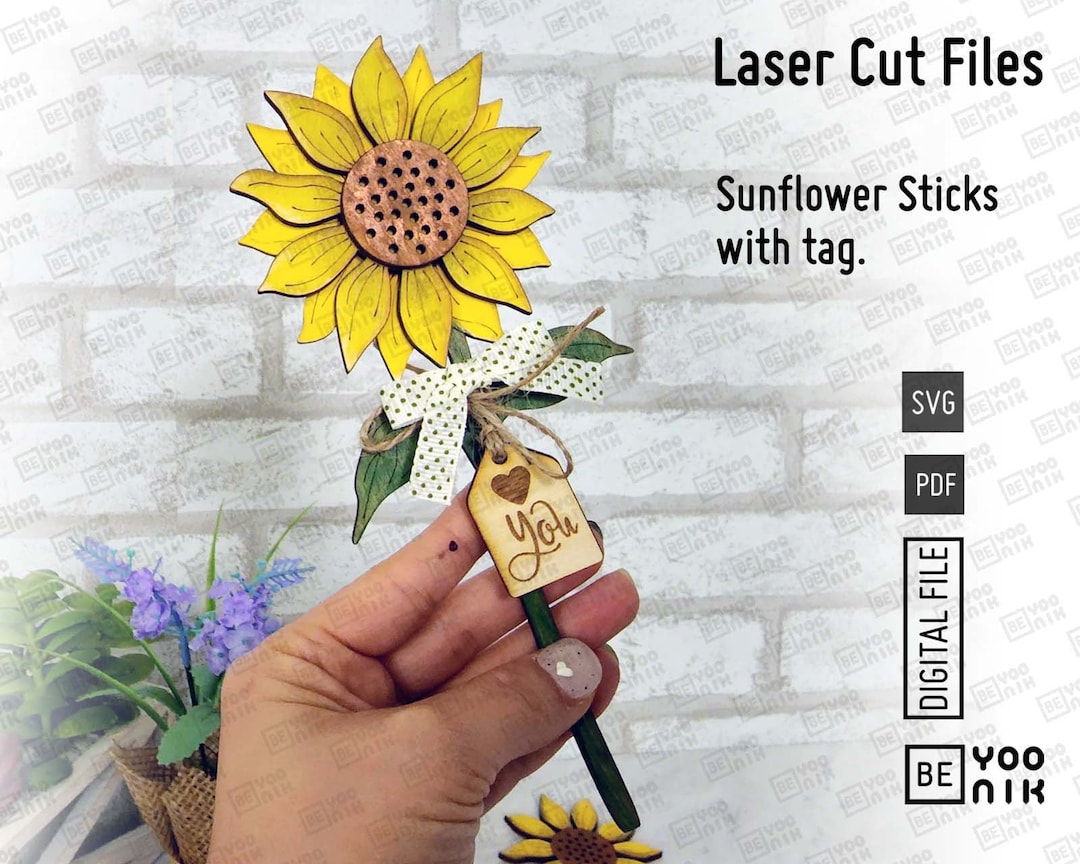 Flower Sunflower Stick With Tag for Laser Cutting in SVG and PDF ...