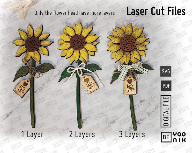 Flower Sunflower Stick With Tag for Laser Cutting in SVG and PDF ...